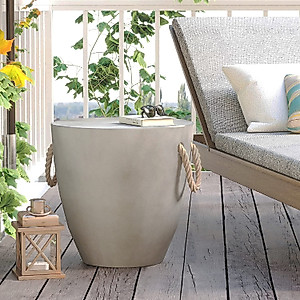 HOMPUS Concrete Outdoor Side Table Drum Accent Light Gray Modern End Table, Round Coffee Table with Rope Handle Garden Stool Decor for Garden, Indoor, Living Room
