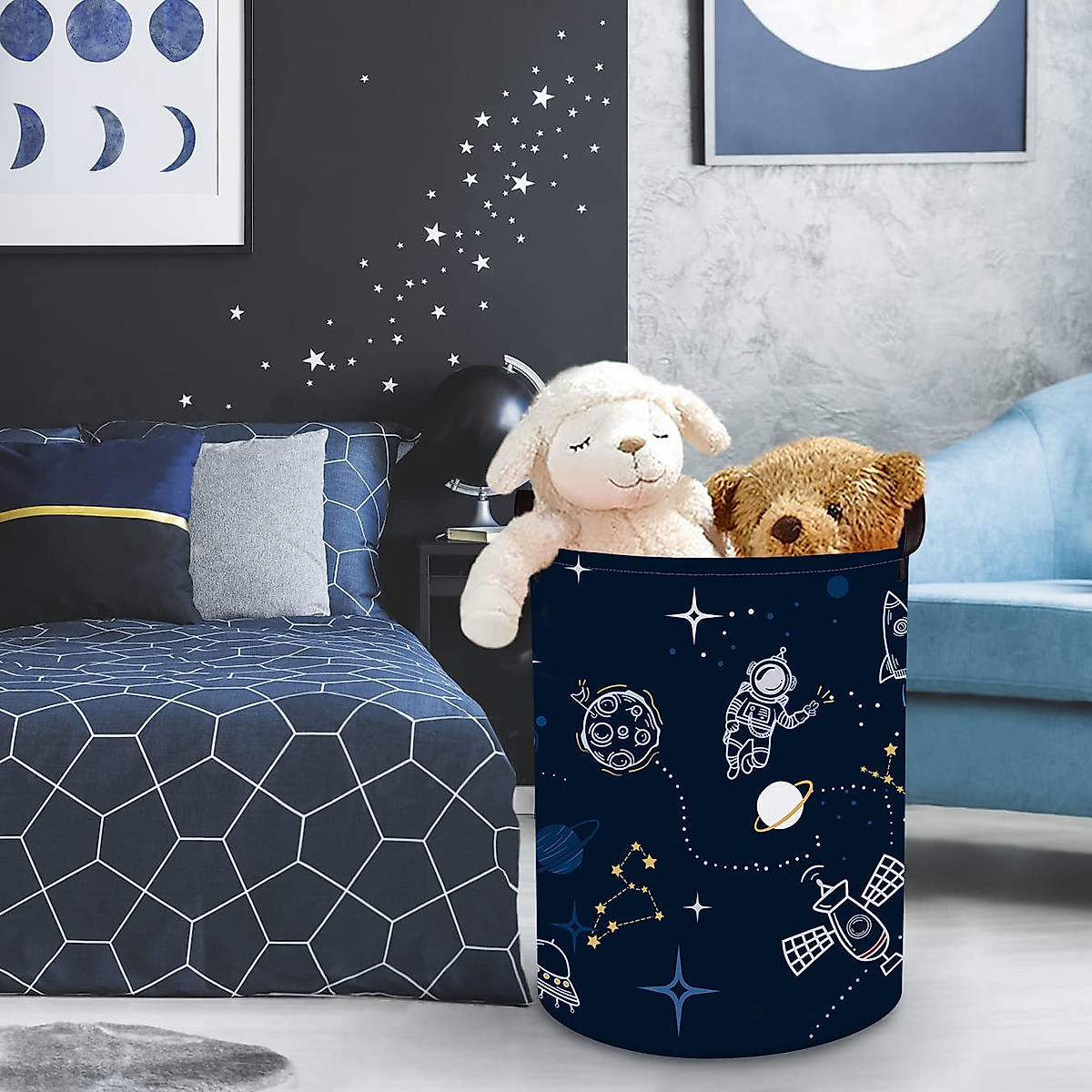 Clastyle 45L Spaceships Rocket Astronaut Nursery Hamper Outer Space Planet Clothes Toys Storage Basket with Drawstring