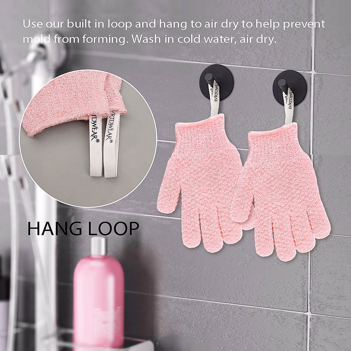 Evridwear Exfoliating Gloves for Shower, 100% Nylon Thick Soft Medium Heavy Bathing Gloves Dead Skin Remover Body Scrubber Smooth Skin with Hang Loop, 1 Pair Moderate Pink