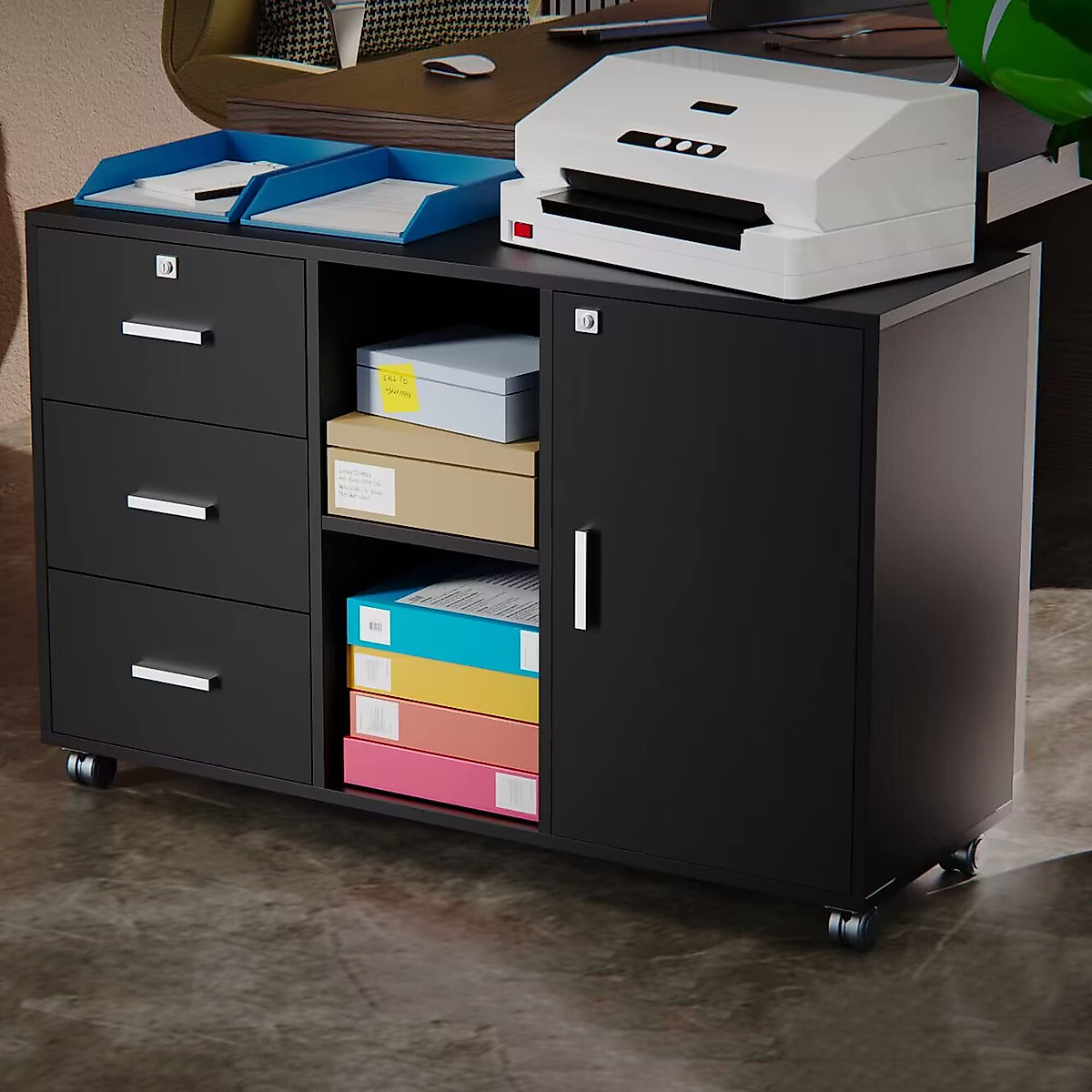 Mobile Lateral Filing Cabinet, Office Lateral File Cabinet with Lock Wood File Cabinet With Lock Office Storage Cabinet Office File Cabinet with Lock Wood Lateral File Cabinet For Home Office(Black)