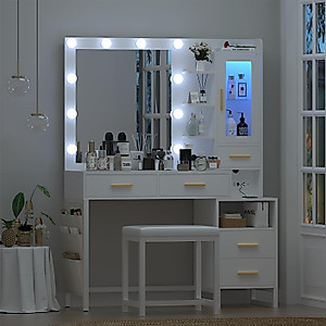 CSZZD Makeup Vanity Desk with Mirror and Lights, White Vanity Desk with Charging Station, LED Cabinet, 5 Drawers & Storage Bag, Vanity Mirror with Lights Desk and Chair, Vanity Table Set with Stool