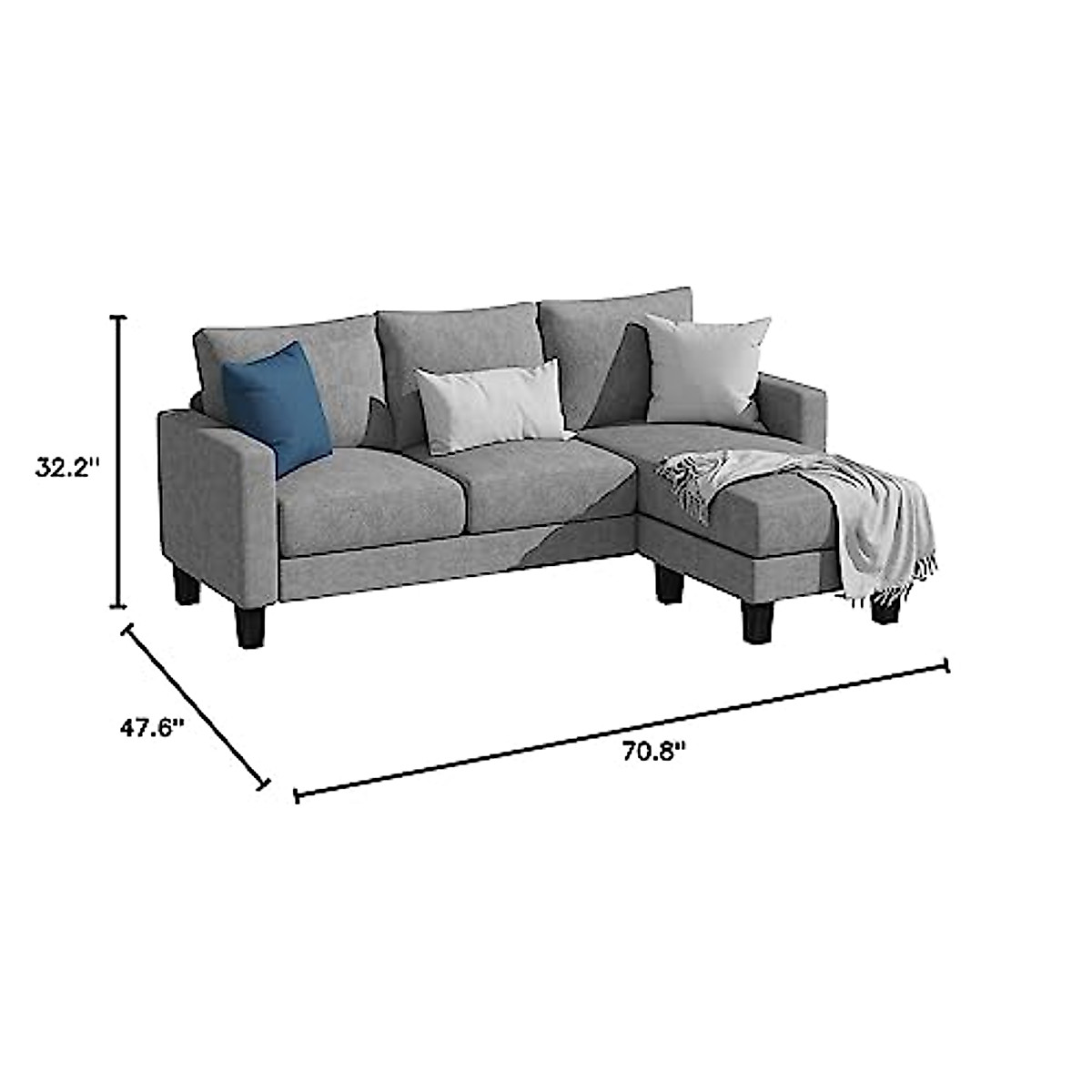 YESHOMY Convertible Sectional 3 L-Shaped Couch Soft Seat with Modern Linen Fabric, Small Space Sofas for Living Room, Apartment and Office, 70'', Gray