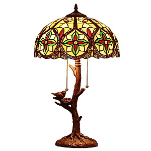 Bieye L10717 Cruciate Flower Butterfly Tiffany Style Stained Glass Table Lamp with 14 inches Wide Lampshade and Bird Nest Tree Trunk Base