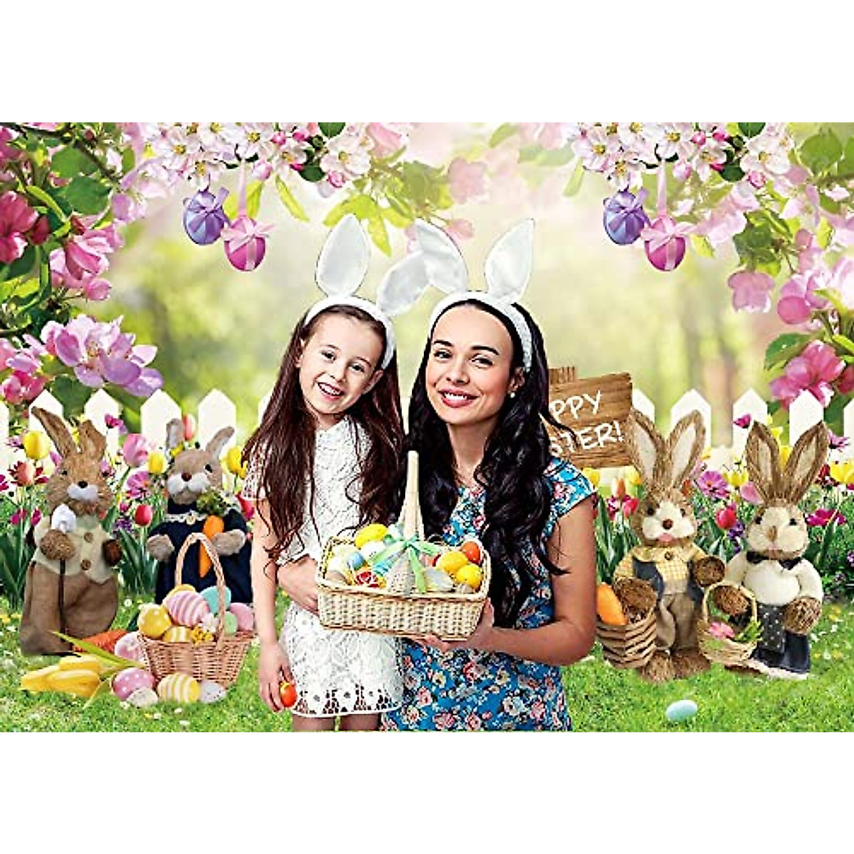 Spring Easter Photography Backdrop 7x5FT Easter Rabbit Garden Colorful Eggs Photo Backdrops Fence Green Grass Bunny Decoration Kids Newborn Baby Birthday Party Backgrounds
