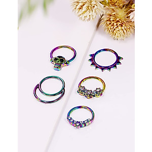 Vsnnsns 16G Septum Rings Piercing Jewelry Skull Septum Jewelry CZ Clicker Ring Stainless Steel flower Septum Hinged Segment Nose Rings Hoop Piercing Jewelry for Men Women 10mm 5pcs Rainbow
