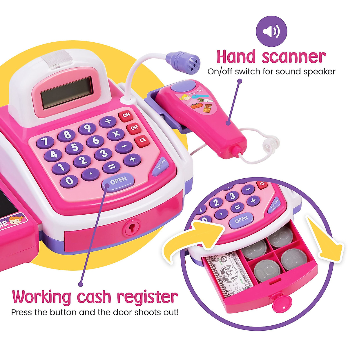 Prextex Grocery Store Pretend Play Electronic Toy Kids Cash Register Set - STEM Cash Register for Kids with Microphone, Play Money, and Food Basket - Kids Checkout Register with Scanner- Pink