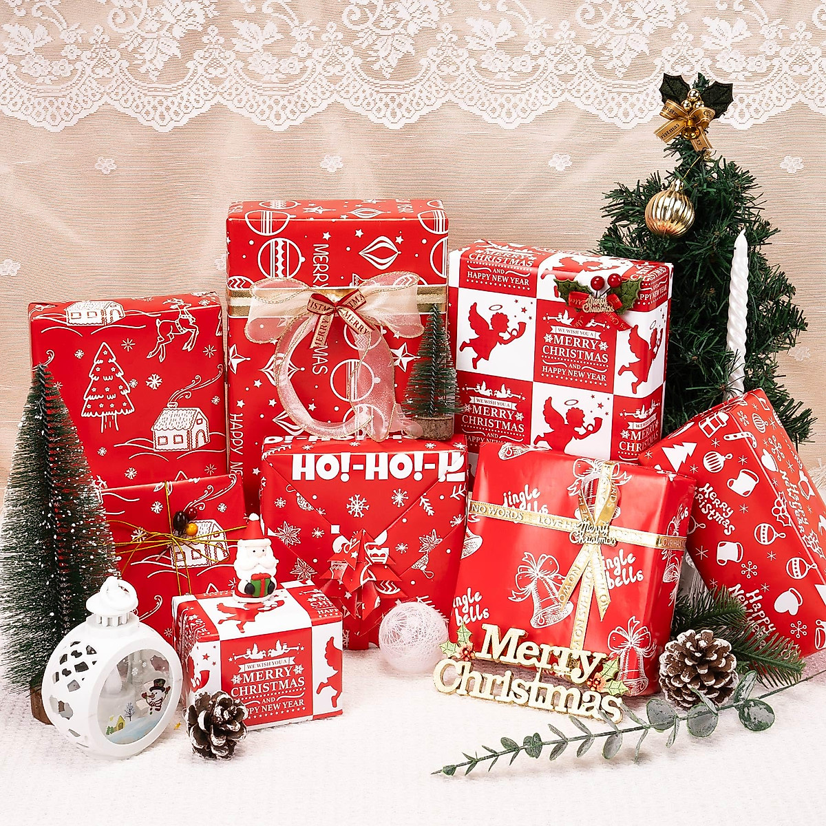 Toptime Christmas Wrapping Paper, Red and White Gift Wrapping Paper Sheets of 6 with Angel, Xmas Tree, Bells, Reindeer, Flat Cute Christmas Gift Wrap for New Year, Holiday, Art Crafts, 27.6x19.7in