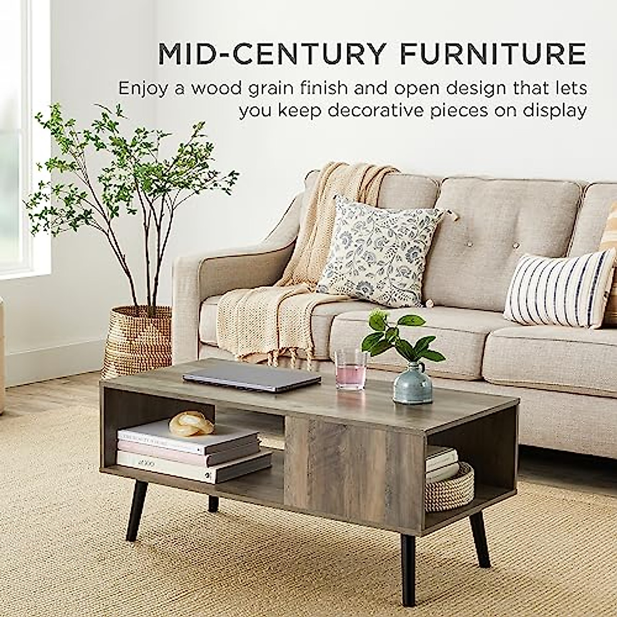 Best Choice Products Wooden Mid-Century Modern Coffee Table, Accent Furniture for Living Room, Indoor, Home Décor w/Open Storage Shelf, Wood Grain Finish - Gray Oak