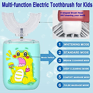 BLEBLE Kids Toothbrush Electric, Ultrasonic U Shaped Automatic Toothbrush with 4 Brush Heads 6 Cleaning Modes, IPX7 Waterproof Toothbrush Suitable for 2-12 Year-Old Children (Yellow)