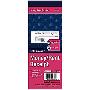 Adams Money/Rent Receipt Book, Carbonless, 3-Part, 2-3/4 x 7-3/16 Inches, 50 Sets per Book, Pack Of 6