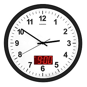 KWANWA 14 Inch Wall Clock with 1.34 inch LED Digital Time/Temperature Display, Battery Powered