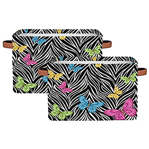 Large Collapsible Storage Bins ,Butterfly Zebra Pattern Decorative Canvas Fabric Storage Boxes Organizer with Handles，Rectangular Baskets Bin for Home Shelves Closet Nursery Gifts