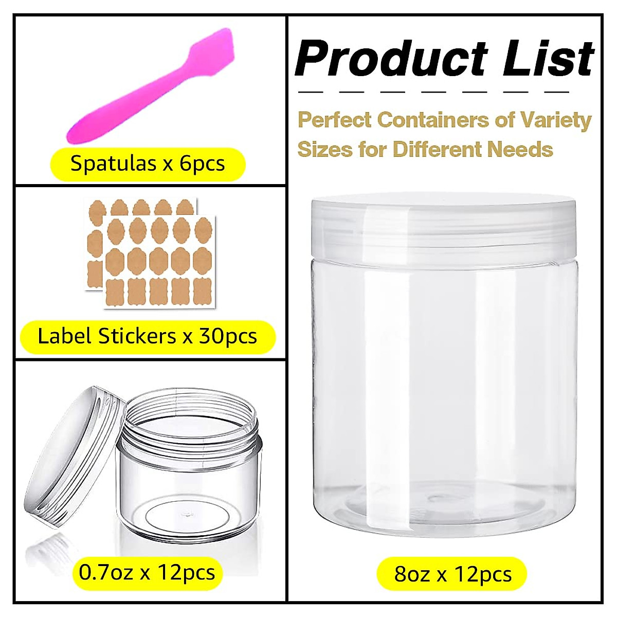 AMORIX 8oz Clear Plastic Jars with Lids 8 oz Plastic Containers with Lids + 20g Sample Containers (Set of 24) Airtight Container for Lip Scrub, Body Butters, Cream, Slime, Craft Storage