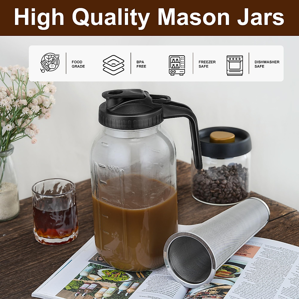 Behidiruch Cold Brew Coffee Maker Pitcher, 64 oz Iced Coffee Maker with Stainless Steel Filter and Pour Spout Handle Lid, Wide Mouth Thick Glass Mason Jar for Iced Coffee, Lemonade, Fruit Drinks