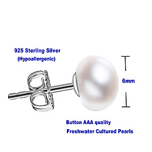 Classic Dainty 925 Sterling Silver 6mm White Freshwater Cultured Pearl Stud Earrings for Women