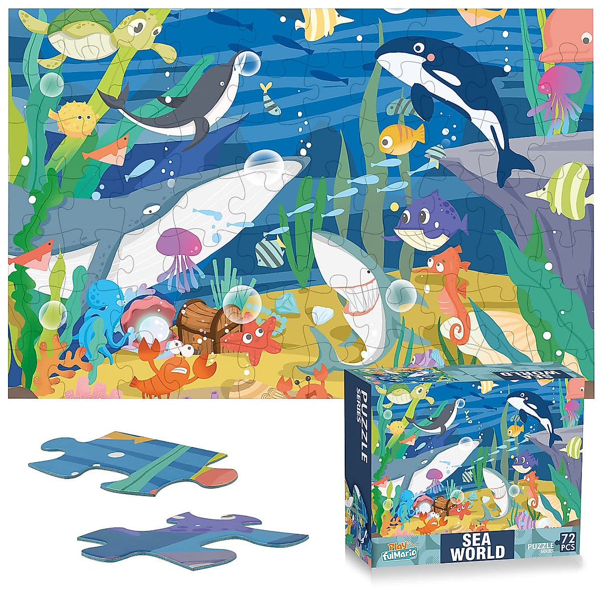 Jumbo Floor Puzzles for Kids Ages 3-5 Preschool Learning Toys Sea Animals Puzzles for Toddlers&Kids Ages 2-4 Years Old,72 Pieces Blue Card Material (Sea World)