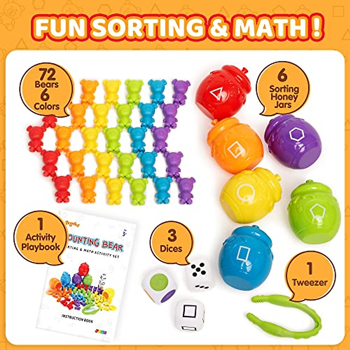 JOYIN Rainbow Counting Bears with Matching Sorting Cups - 83 Pcs Set Learning Toys for Kids Age 3+, Number Sorting, Color Recognition, Tweezers, Dice, Instruction Book, Educational Sensory Toy Gift