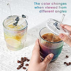 NiHome Glass Tumblers with Straws and Lids, Iridescent Iced Coffee Cup Drinking Glassware with Wide Mouth,Rainbow Glass Drinking Jars for Beer, Whiskey, Cocktail, Beverages & Soda Drinks, 2PCS 12oz