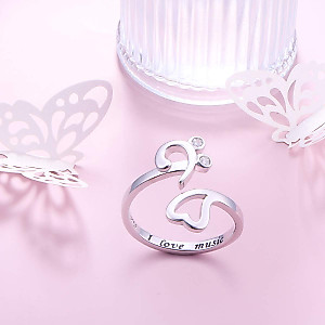 I Love Music Ring 925 Sterling Silver Cubic Zirconia Musical Note Heart Charm Adjustable Open Ring Gift for Women Music Lover, 9