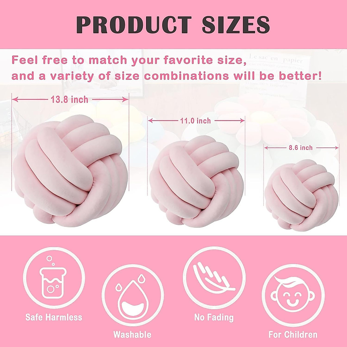 XHJRI Soft Knot Ball Pillows， Round Ball Cushion Pillows, Kids Room Decoration Plush Pillow Girl Photography Props， Throw Knotted Pillow Handmade (Light Rose Gold, 8.6 Inch)