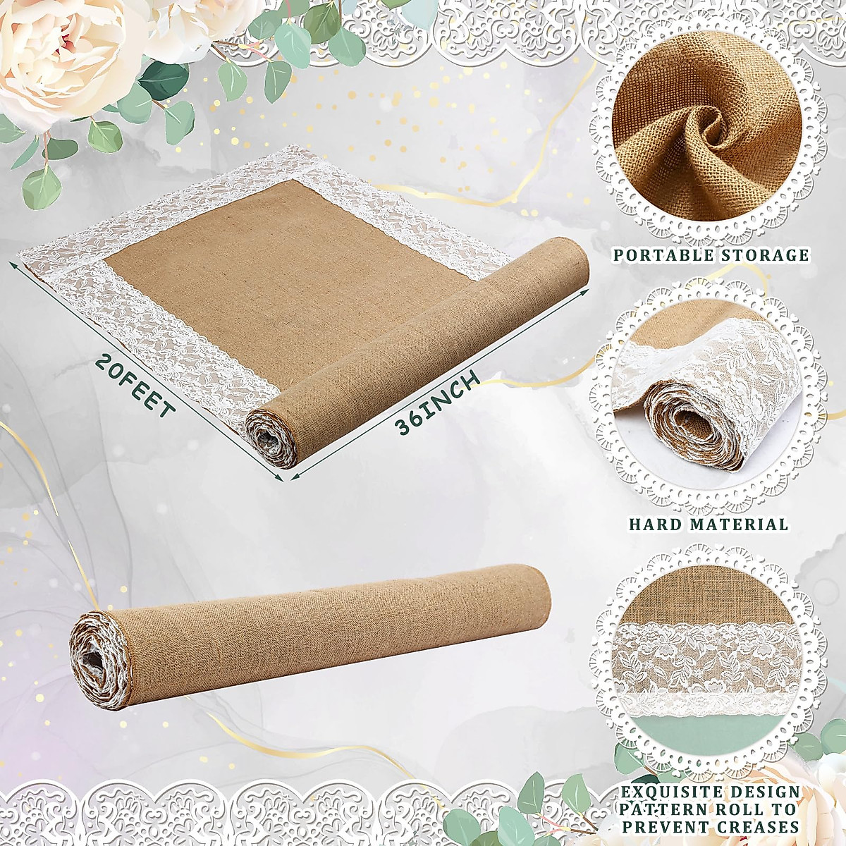 Preboun Wide Natural Burlap Wedding Aisle Runner with Lace Jute Rustic Burlap Aisle Runner for Wedding Ceremony Decorations Outdoor Beach (36 Inch x 20 ft)