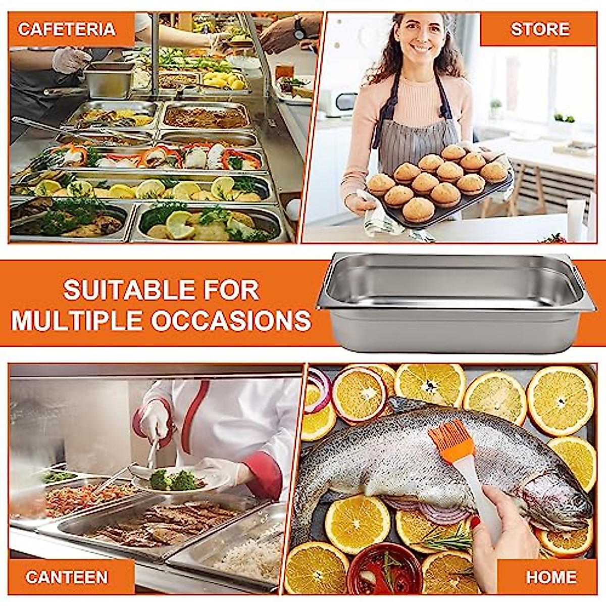 8 Pcs Hotel Pan Full Size 4 Inch Deep Restaurant Stainless Steel Steam Table Pan with Handle for Commercial Hotel Food Buffet Event Catering Supplies