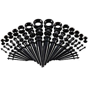 50PCS Gauges Kit Ear Stretching 14G-00G Tunnel Plug Taper Set Ear Gauges Expander Set Body Piercing Jewelry Gifts for Men and Women Black