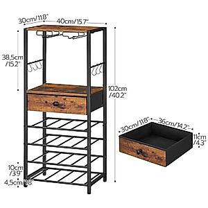 HOOBRO Wine Rack Freestanding Floor, 16-Bottle Wine Storage Rack with Non-Woven Fabric Drawer and Hooks, Wine Rack Table, Bar Cabinet for Kitchen, Dining Room, Bar, Rustic Brown and Black BF10JJ01