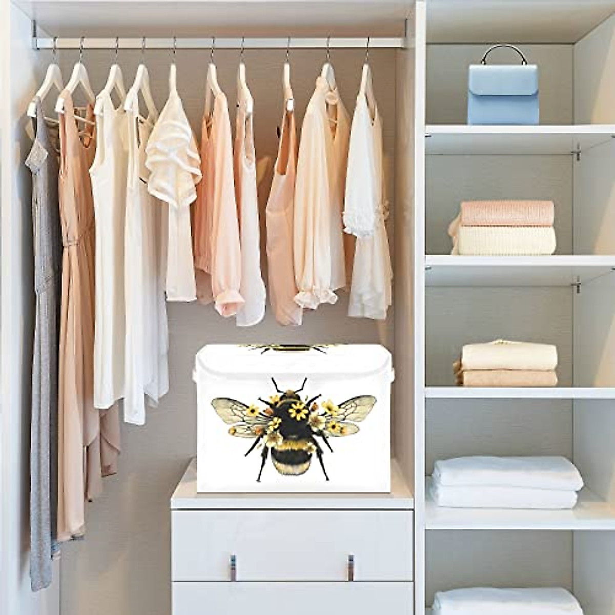 DOMIKING Bee Large Storage Bin with Lid Collapsible Shelf Baskets Box with Handles Organizing Container for Nursery Drawer Shelves Cabinet