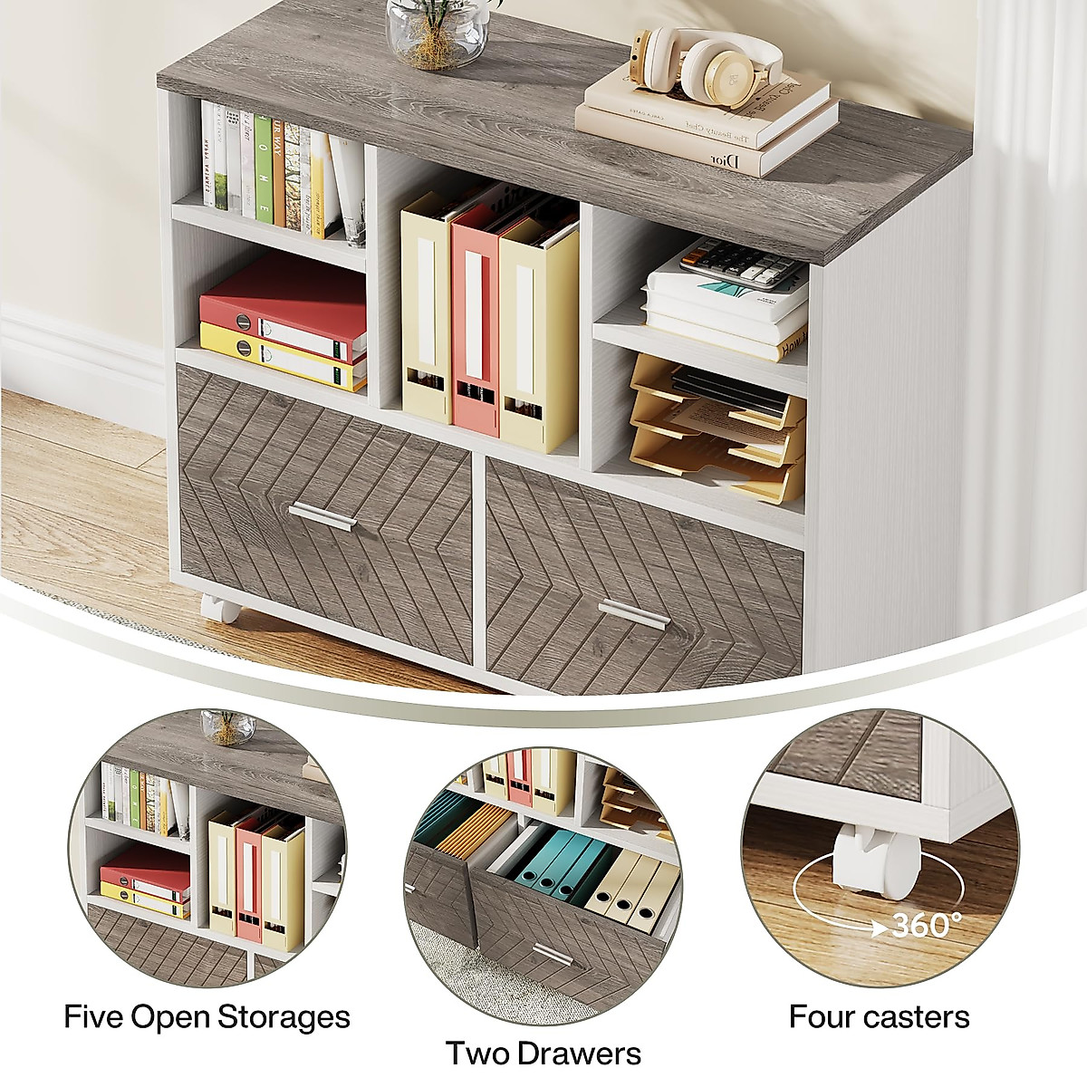 Tribesigns L-Shaped Executive Desk with Reversible File Cabinet, 63" Office Desk with Storage Drawers, L-Shaped Computer Desk with Drawer Cabinet for Hanging Letter Size Files,Gray & White