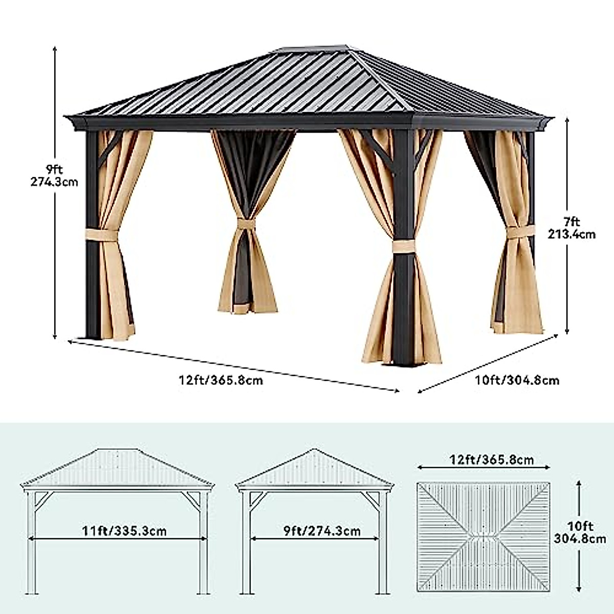 DWVO 10x12ft Hardtop Gazebo with Nettings and Curtains, Heavy Duty Galvanized Steel Outdoor Vertical Stripes Roof for Patio, Backyard, Deck, Lawns, Brown