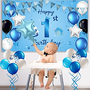 1st Birthday Decorations First Birthday Boy Backdrop 88 Pcs Blue Baby Boy First Party Supplies with Banner Foil Star Balloons Set for Baby Shower Party Decorations Supplies