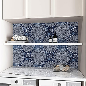 ReWallpaper Peel and Stick Wallpaper Boho Blue Bohemian Mural Wallpaper Stick & Peel Contact Paper for Walls 17.5in x 10ft Large Navy Floral Wall Paper Roll for Bedroom Bathroom Nursery Aesthetic