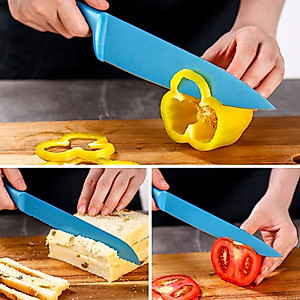 WELLSTER Blue Kitchen Knife Set with Block, 6 Pieces Knives Universal Holder Set, German Stainless Steel Blade Non-Stick Coated Chef Carving Bread Utility Paring Knives