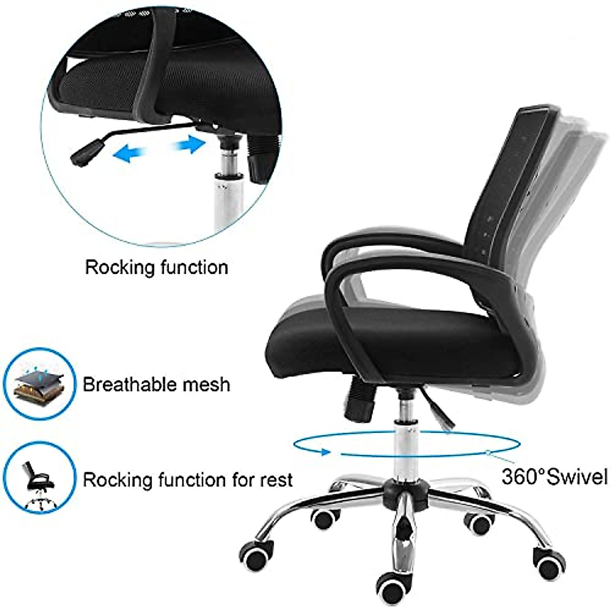 Hkeli, Office Chair Computer Desk Chair Ergonomic Mesh Office with Wheels Back Support Armrest Adjustable Height Rolling Swivel Computer Task Works Chair for Women Men, Black