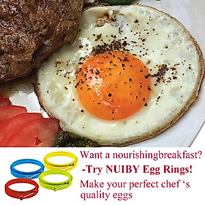 Silicone Egg Rings Round - NUIBY Non Stick Fried Egg Mold - Pancakes Maker Molds - Breakfast Egg Sandwich Cooker Maker - 4 Pack 4 Color, with Bonus 1 Spray Brush or 2 Egg Poachers or Both