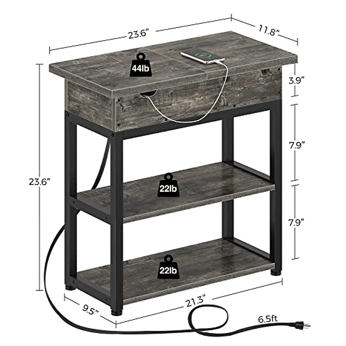 Rolanstar End Table with Charging Station, Narrow Nightstand, Flip Top Side Table with USB Ports and Storage Shelves for Small Spaces, Living Room, Bedroom, Grey