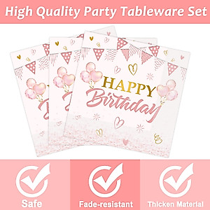 96 Pieces Pink Birthday Tableware Set for Pink Rose Gold Birthday Table Decorations Supplies Birthday Dessert Plates Napkins Forks Women Birthday Disposable Party Favors 24 Guests
