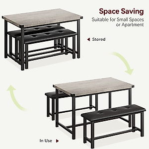 IDEALHOUSE Dining Table Set for 4, Kitchen Table with Upholstered Bench, Rectangular Dining Room Table Set with 2 Benches, 3 Piece Kitchen Table Set for Small Space, Apartment, Studio, Rustic Grey