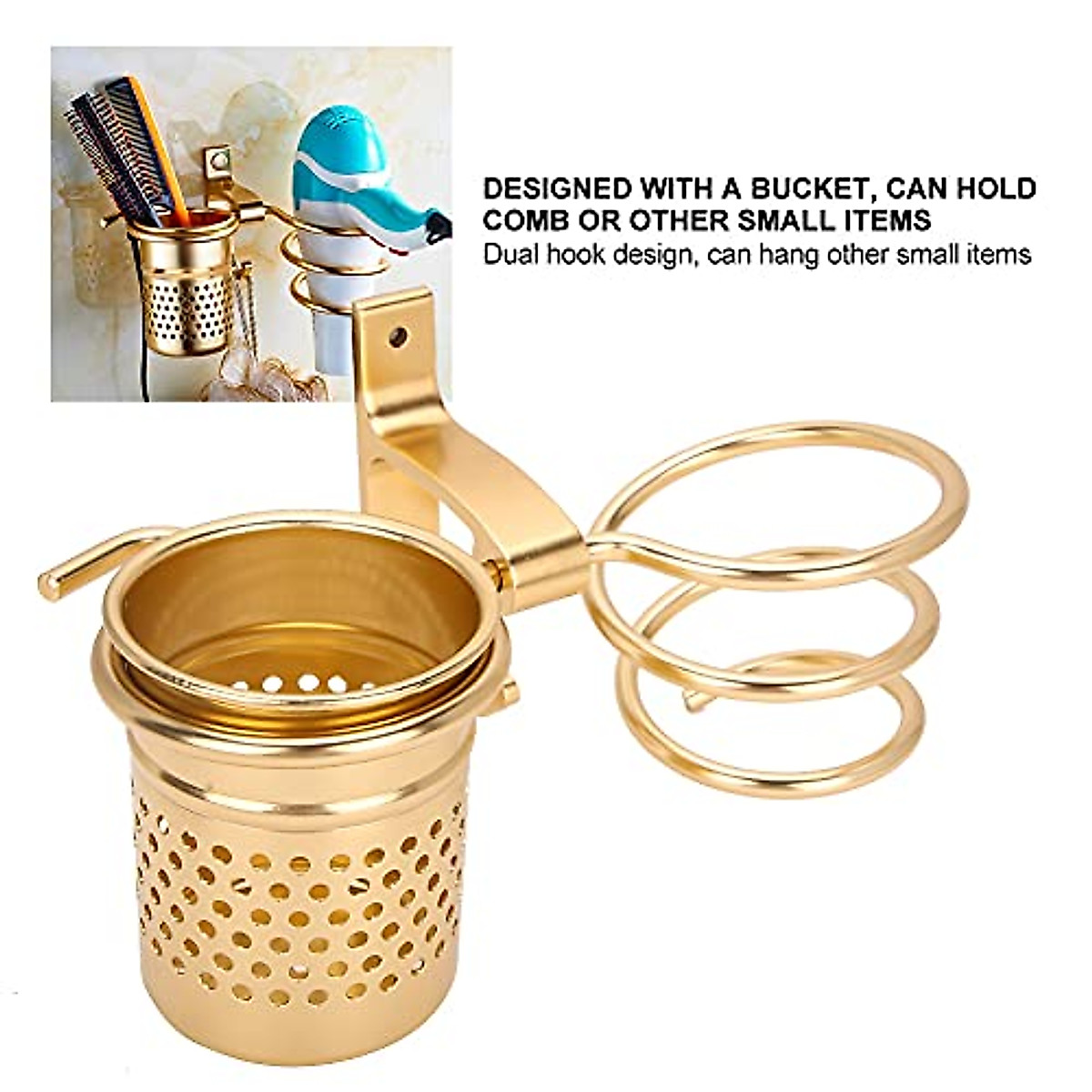 Bathroom Storage Shelf Wall Mount Hair Care Styling Tool Organizer Space Aluminum Hair Dryer Basket for Bathroom Organizer Multipurpose Rack(Gold)