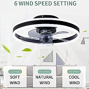 CHANFOK Low Profile Ceiling fan with Light - Modern Flush Mount Enclosed Ceiling Fan 19.7" LED Dimmable Bladeless Ceiling Fans with Remote Control,Smart 3 Light Color and 6 speeds(Black)
