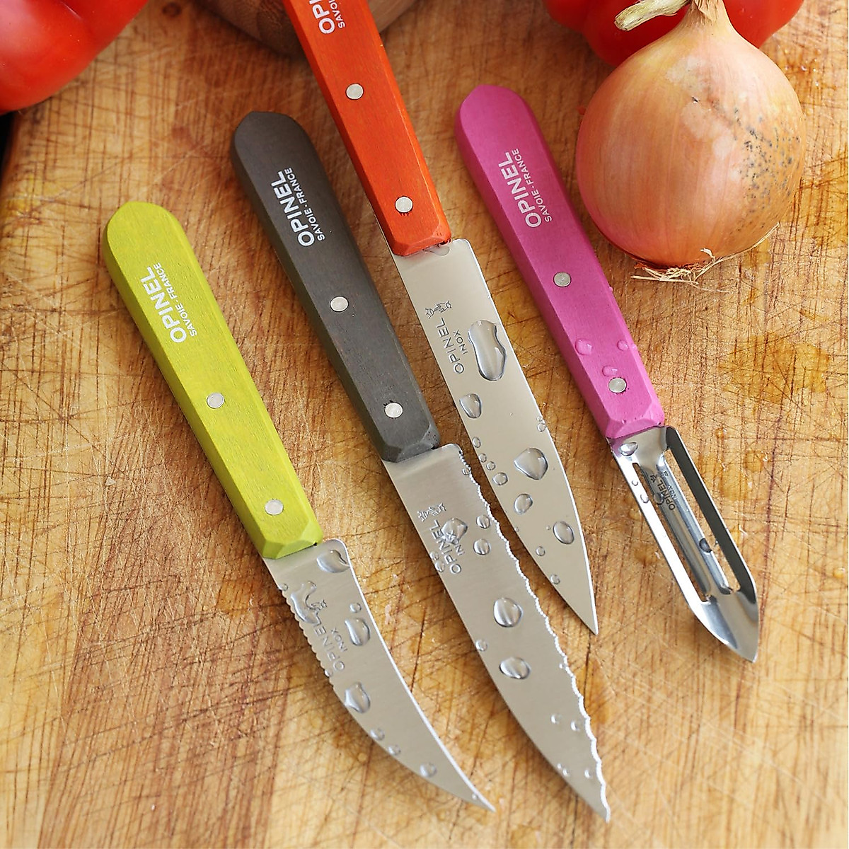 Opinel Les Essentials Small Kitchen 4 Piece Knife Set - Paring Knife, Serrated Knife, Peeler, Vegetable Knife, Corrosion Resistant High Carbon Steel, Made in France (50s)