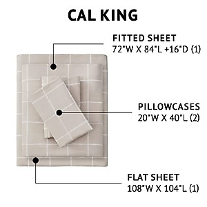 Beautyrest 100% Cotton Sheet Set Breathable Oversized Flannel, All Elastic Deep Pocket Fits Up to 16" Mattress - Cozy Warm Bed Sheets for Cold Weather, Cal King, Beige Windowpane 4 Piece