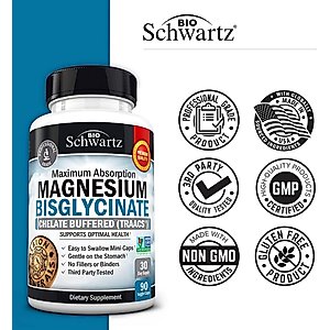 Magnesium Bisglycinate 100% Chelate No-Laxative Effect - Maximum Absorption & Bioavailability, Fully Reacted & Buffered - Healthy Energy Muscle Bone & Joint Support - Non-GMO Project Verified - 90 ct
