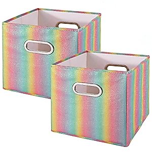 ANMINY 2 PCS Glitter Storage Cubes Shiny Sparkly Colorful Foldable Large Fabric Storage Basket Bin Box Set with Handles Decorative Desktop Closet Shelf Organizer Container - 11x 11x 11 in, Rainbow