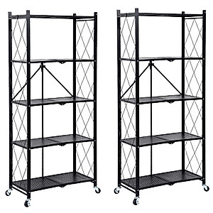Simple Deluxe HealSmart 5-Tier Heavy Duty Foldable Metal Rack Storage Shelving Unit with Wheels Moving Easily Organizer Shelves Great for Garage Kitchen Holds up to 1250 lbs Capacity, Black,2 Pack