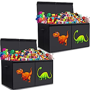 ANNKIE 2PCS Toy Box,Toy Box for Boys,Toy Chest for Kids,Collapsible Sturdy Toy Storage with Lid & Handles,Toy Organizers and Storage for Nursery,Playroom(Dinosaur) 26.8" x 13.8" x 16"