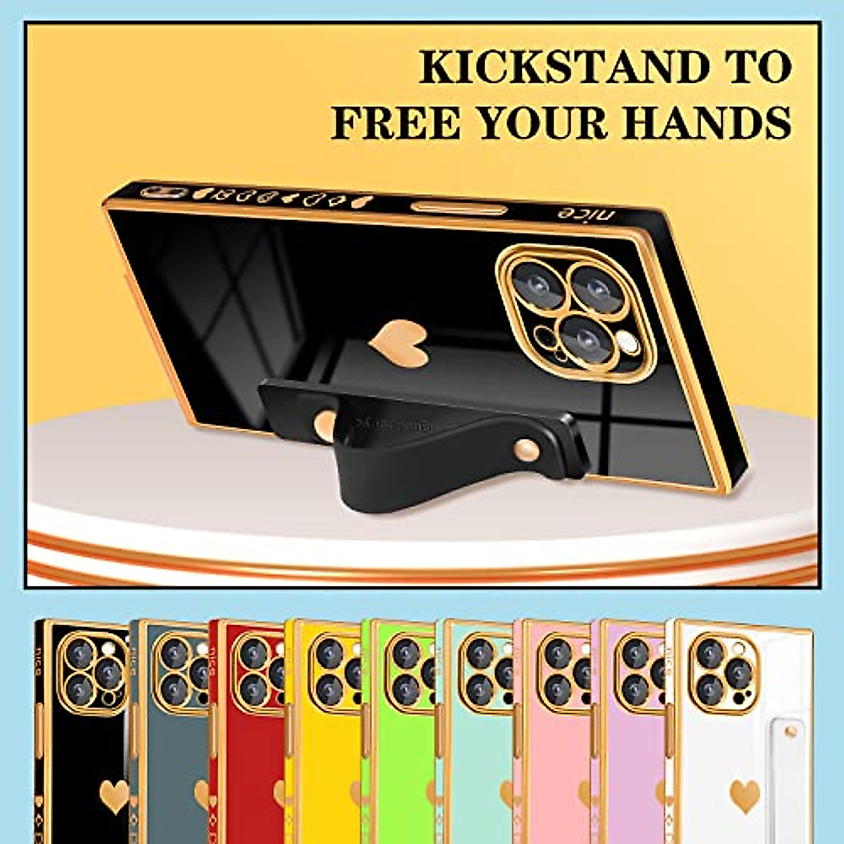 Petitian for iPhone 13 Pro Max Square Case with Loopy Stand/Strap, Luxury Cute Women Girls Heart Electroplated Designer Squared Edge Phone Cases for 13 Pro Max Black