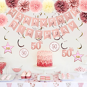 Rose Gold 50th Birthday Party Decorations , Rose gold Glittery Happy 50th Birthday Banner,Poms,Sparkling Hanging Swirls Kit for 50th Birthday Party Supplies