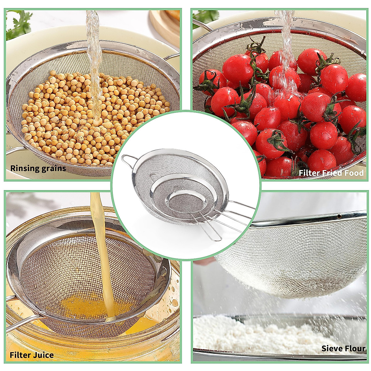 3PCS Fine Mesh Strainers Set, Little Cook Stainless Steel Colanders and Sifters with Sturdy Handle, Perfect for Sift, Strain, Drain and Rinse Vegetables, Pastas and Tea（Large + Medium + Small，3PCS)